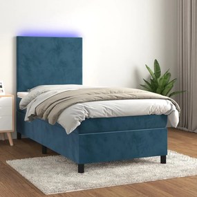 Box spring postel s matrací a LED tmavě modrá 90x190 cm samet