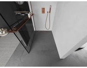 Mexen Kioto+ L, sprchová zástěna Walk-In s poličkou a věšákem 110 x 200 cm, 8mm čiré sklo černý vzor, ​​růžové zlato profil, 800-110-123-60-78