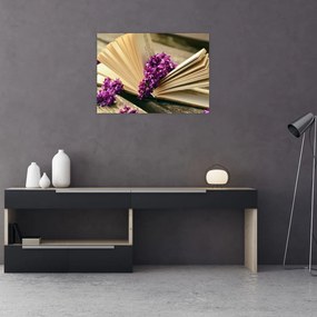 Obbraz knihy a fialové květiny (70x50 cm)