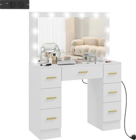 HOMCOM Toaletní stolek se zrcadlem a 12 LED světly, toaletní stolek s 7 zásuvkami, 6 skrytých úložných přihrádek, dřevotříska, bílá