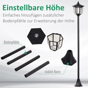 Zahradní solární světlo Outsunny LED zahradní lucerna 30/60 lumenů, černý plast, Ø26,5 x H177 cm, ideální pro zahradu a terasu