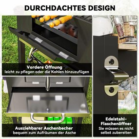 Outsunny Gril na dřevěné uhlí, výškově nastavitelný kadidel, grilovací vozík, police, teploměr, otvírák na lahve, ocel, dřevo, černá
