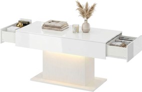 HOMCOM LED konferenční stolek s úložným prostorem, vysoký lesk, moderní, 2 zásuvky a dálkové ovládání, bílá