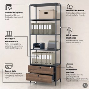 Regál se zásuvkami do kanceláře, na šanony a dokumenty, otevřené police, kovový, antracitový/ořech, 800x2200x400 mm: ARIEL Eco Design