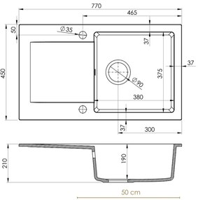 Sink Quality Ferrum, kuchyňský granitový dřez 770x450x190 mm + zlatý sifon, černá, SKQ-FER.C.1KDO.XG