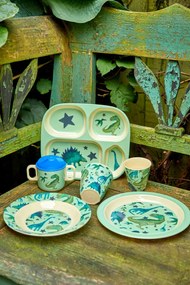 rice Set melaminového nádobí pro děti Dinosaurs Print, modrá barva, zelená barva, melamin