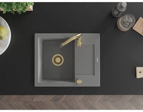 Mexen Enzo, granitový dřez 576x465x174 mm, 1-komorový, šedá se zlatým sifonem, 6506571005-71-G