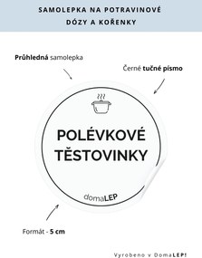 POLÉVKOVÉ TĚSTOVINKY  – průhledná samolepka na dózu, tučné písmo, 5 cm | DomaLEP