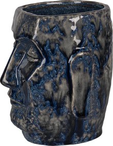 Modrý keramický obal na květináč/ váza s obličejem Blue Dotty L - 17*14*21 cm
