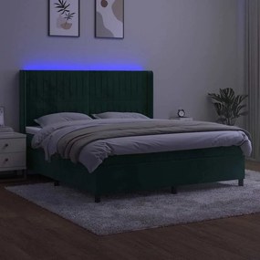 Box spring postel s matrací a LED tmavě zelená 160x200 cm samet 3139694