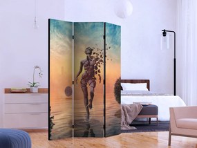 Pokojová zástěna Procházka po vodě (3dílný) - abstrakce s vodou a siluetou ženy