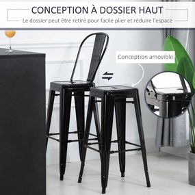 HOMCOM Sada 4 Stackable Barových Židlí Průmyslové Barové Křeslo s Opěrkou a Podnožkou, Výška Sedáku 76 cm, Černý Kov