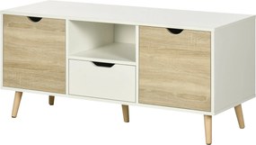 HOMCOM TV Stolek s Šuplíkem, 2 Dveřmi a Komorou pro Televize do 50 Palců, Dezén pro Obývací Pokoj a Ložnici 110x40x50 cm Bílý a Přírodní
