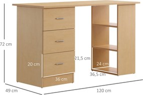 HOMCOM Stůl s úložným prostorem, Počítačový stůl 120 x 50 cm, Stůl s policemi a šuplíky, pro malé prostory, Ložnice, Světle dřevěný vzhled