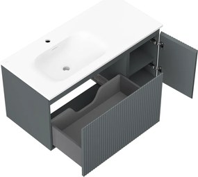 Mexen Rivel, koupelnová skříňka 100 cm s umyvadlem Vela vlevo, 1S, 1D, drážkovaná, grafitová matná/bílá matná, 91A23-10047-3-BBFF66-W23L01