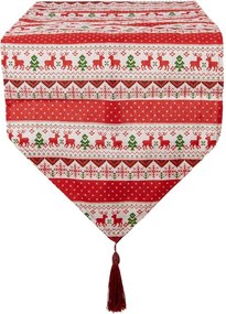Červený běhoun se střapcem a jeleny Christmas Rustic - 33*180 cm