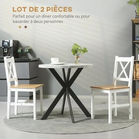 HOMCOM Set 2 jídelních židlí z masivního dřeva, kuchyňské židle v rustikálním stylu s křížovým opěradlem v bílé a dubové barvě