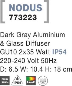 NV 773223 Venkovní nástěnné svítidlo NODUS tmavě šedý hliník skleněný difuzor GU10 2x7W 220-240V IP54 bez žárovky světlo nahoru a dolů - NOVA LUCE