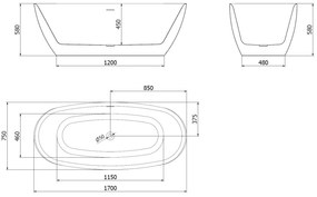 Mexen Luvo Slim, volně stojící vana 170 × 75 cm, bílá lesklá, černý přepad, 52801707500-70