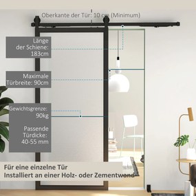 HOMCOM Sada kování pro posuvné dveře 183 cm s kolejnicemi Válečky Protiprokluzové zařízení Zarážky dveří Podlahové vodítko z uhlíkové oceli Černá | A…