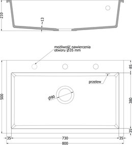 Mexen Elix granitový dřez 1-komorový 800 x 500 mm, černý, zlatý sifon - 6527801005-77-G