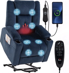 HOMCOM Elektrické křeslo s vibrační masáží a bederním vyhříváním, elektrické relaxační křeslo z sametu, nastavitelné opěradlo, modré