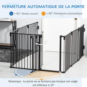 PawHut Bezpečnostní bariéra pro ochranu krbu - Skládací modulární košíček pro psy, 8 panelů s dveřmi, bez vrtání, 482,5 x 76 cm, Černá