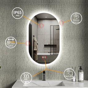 Erga Demi, oválné LED zrcadlo 50x80cm, 3 barvy světla, přední osvětlení, topná podložka proti zapaření, ERG-V01-Demi-5080-CL