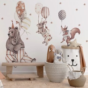 Gario Dětská nálepka na zeď Party animals - medvídek, zajíček a veverka s balony