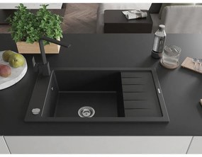 Mexen Elias, granitový dřez granitový 795x480x200 mm, 1-komorový, černá s chromovým sifonem a černá dřezová baterie Rita, 6511-77-670300-70
