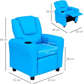 HOMCOM Dětské křeslo s funkcí polohování Mini pohovka pro děti 3-6 let Modrá s držákem na nápoje 62x52x69cm ideální do dětských pokojů | Aosom.de