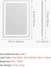 LED koupelnové zrcadlo 3 barvy proti zamlžování nástěnné toaletní zrcadlo 50 × 70 cm