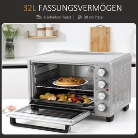 HOMCOM Mini trouba 32L, 1600W, Elektrická trouba s plechem na sběr strusky, nerez a sklo, stříbrná, 52.2x38.1x33.5cm| Aosom