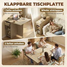 HOMCOM skládací jídelní stůl s šuplíkem a 2 policemi, pro 2–4 osoby, moderní úsporný stůl do kuchyně/jídelny, přírodní dřevo, 114,5 × 70 × 75 cm