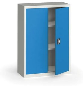 Plechová policová skříň na nářadí KOVONA, 1150 x 800 x 400 mm, 2 police, šedá/modrá