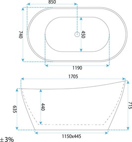 Rea Lusso Slim, volně stojící vana 170×74 cm + černý click-clack, bílá lesklá, KPL-W6504