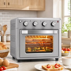 HOMCOM elektrická stolní trouba 30 L 1600 W horkovzdušná fritéza se 7 režimy ohřevu a časovačem 43x39x39 cm stříbrná