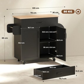 HOMCOM kuchyňský vozík s velkým úložným prostorem, zásuvkou, skříňkou se 2 dveřmi a výškově nastavitelnou policí 105 x 36 x 85 cm, černý