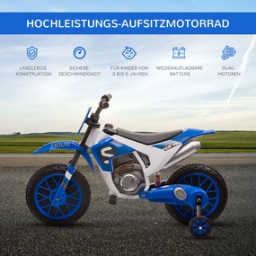 HOMCOM Dětská elektrická motorka 12V, se 2 odnímatelnými tréninkovými koly, od 3 let, PP kov, modrá+bílá
