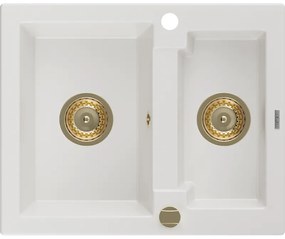 Mexen Carlos, granitový dřez 582x475x177 mm, 1,5-komorový, bílá se zlatým sifonem, 6518581500-20-G
