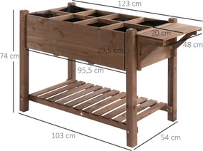 Vyvýšený záhon Outsunny s 8 dělenými sekcemi, skládacími policemi a květináčem, solidní dřevo, hnědý, 123 x 54 x 80 cm