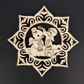 AMADEA Dřevěná ozdoba hvězda se sněhulákem a andělem 9 cm