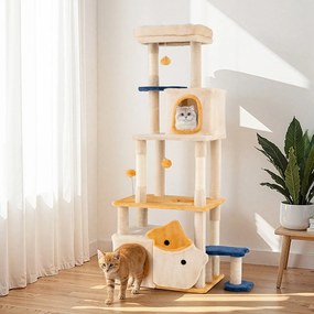 Costway Velký kočičí strom s rybím designem dřevěný kočičí strom kočičí