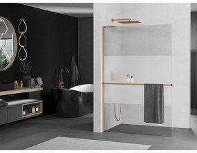 Mexen Kioto+ L, sprchová zástěna Walk-In s poličkou a věšákem 110 x 200 cm, 8mm čiré sklo-námraza, růžové zlato profil, 800-110-123-60-35