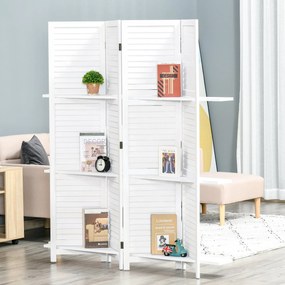 HOMCOM 4-panelový dřevěný paravan s skládacím designem a 3 odnímatelnými policemi pro ložnici a kancelář 160x170 cm Bílý
