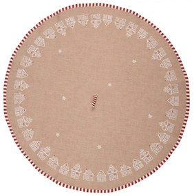 Hnědá kulatá bavlněná utěrka s motivem perníkových domečků Gingerbread Bliss – 80 cm