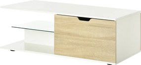 HOMCOM Moderní Design Obdélníkový Konferenční Stolek se 2 Zásuvkami, 2 Policemi a Skleněnou Policí, Bílý Dubový Vzhled 106 x 58 x 39 cm