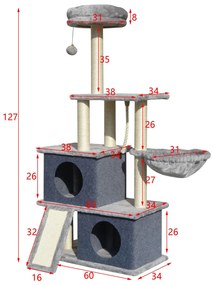 PEPU Fudajo Škrabadlo pro kočky Fudajo tmavě šedé 127cm vysoké škrabadlo s kolébkou