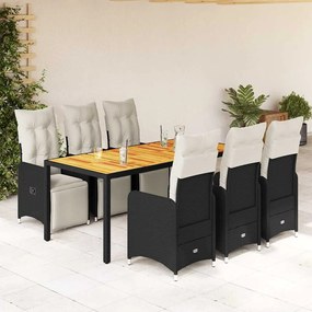 7dílný zahradní bistro set s poduškami černý polyratan