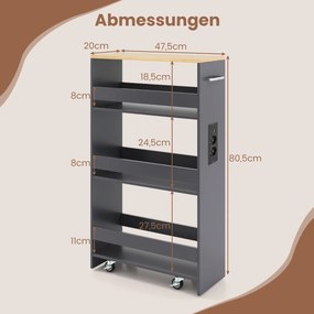 Costway 20 cm tenký úložný vozík s nabíjecí stanicí 4patrový